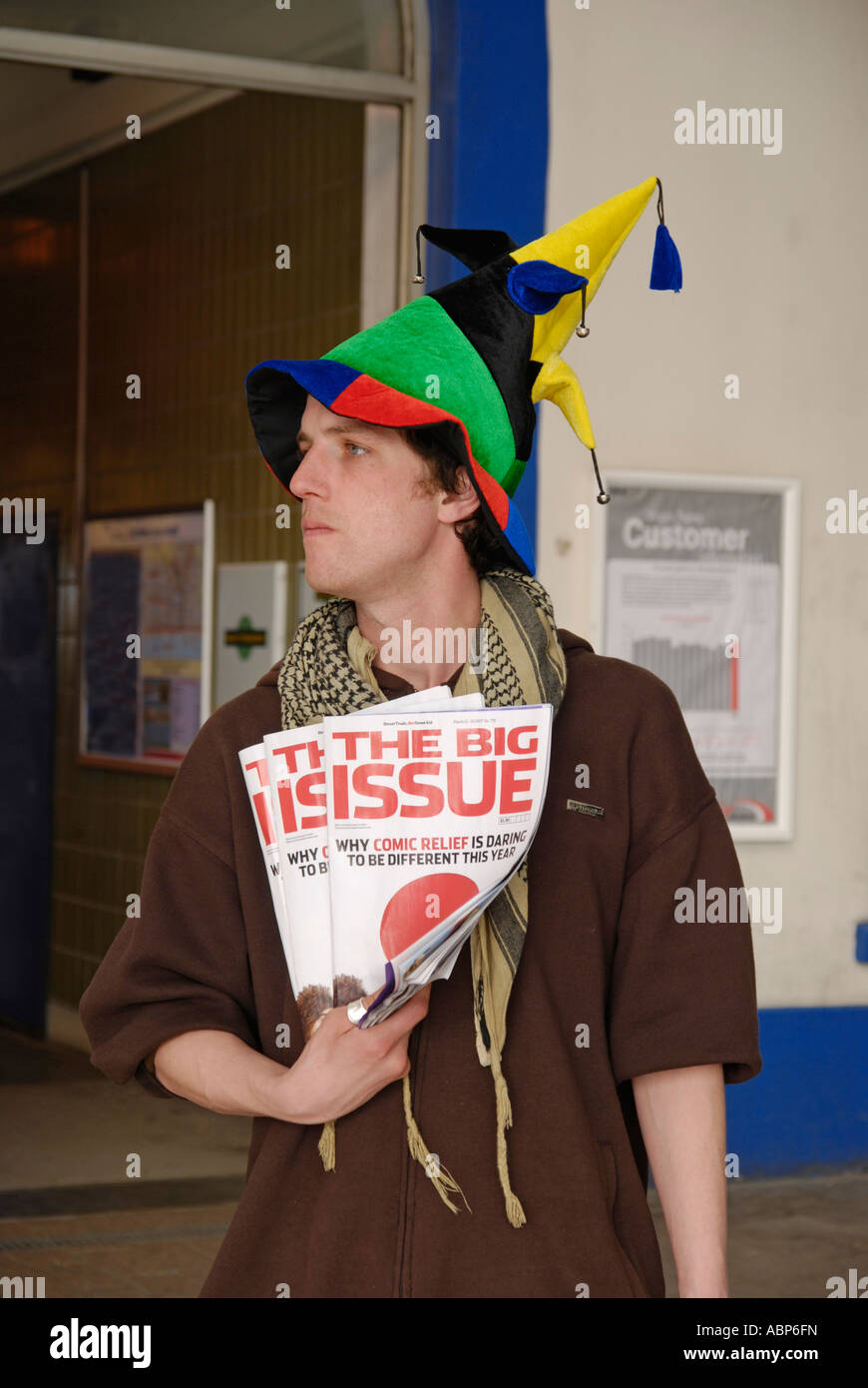 man selling big issue magazine outside Brighton railway station East ...