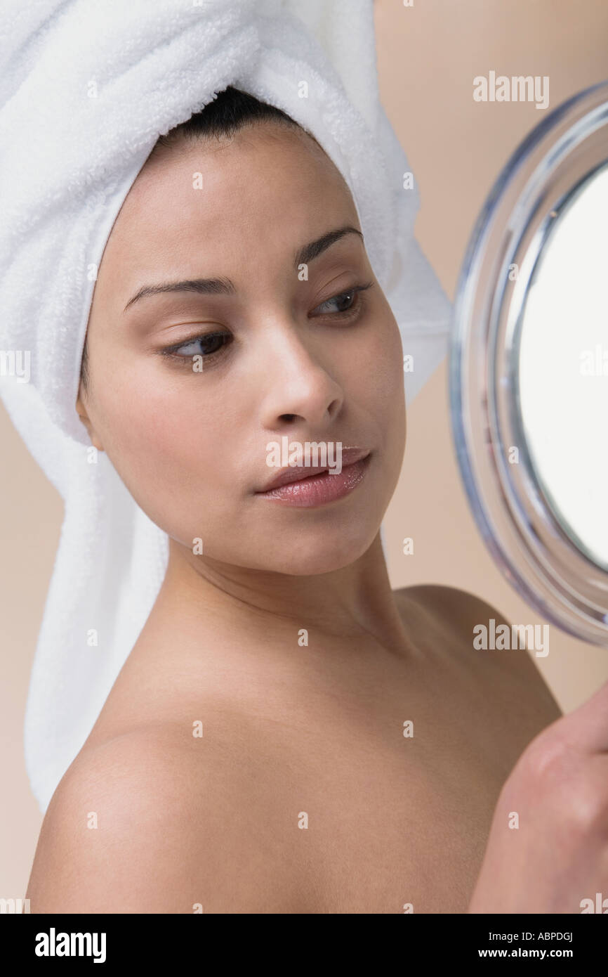 Young woman mirror caucasian admiring hi-res stock photography and ...