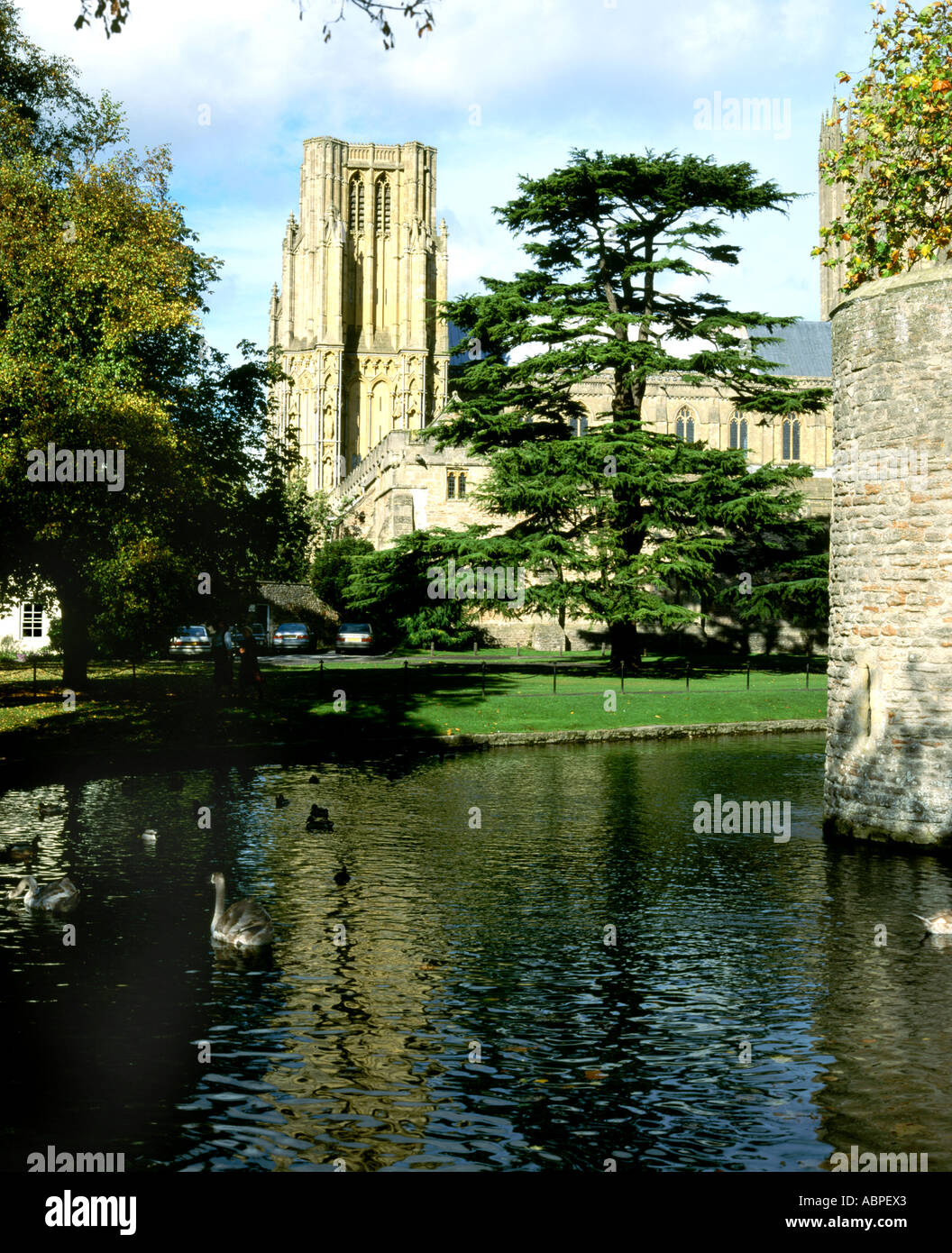 Wells Cathedral, Bishops Palace and Moat, Wells, Somerset Stock Photo ...