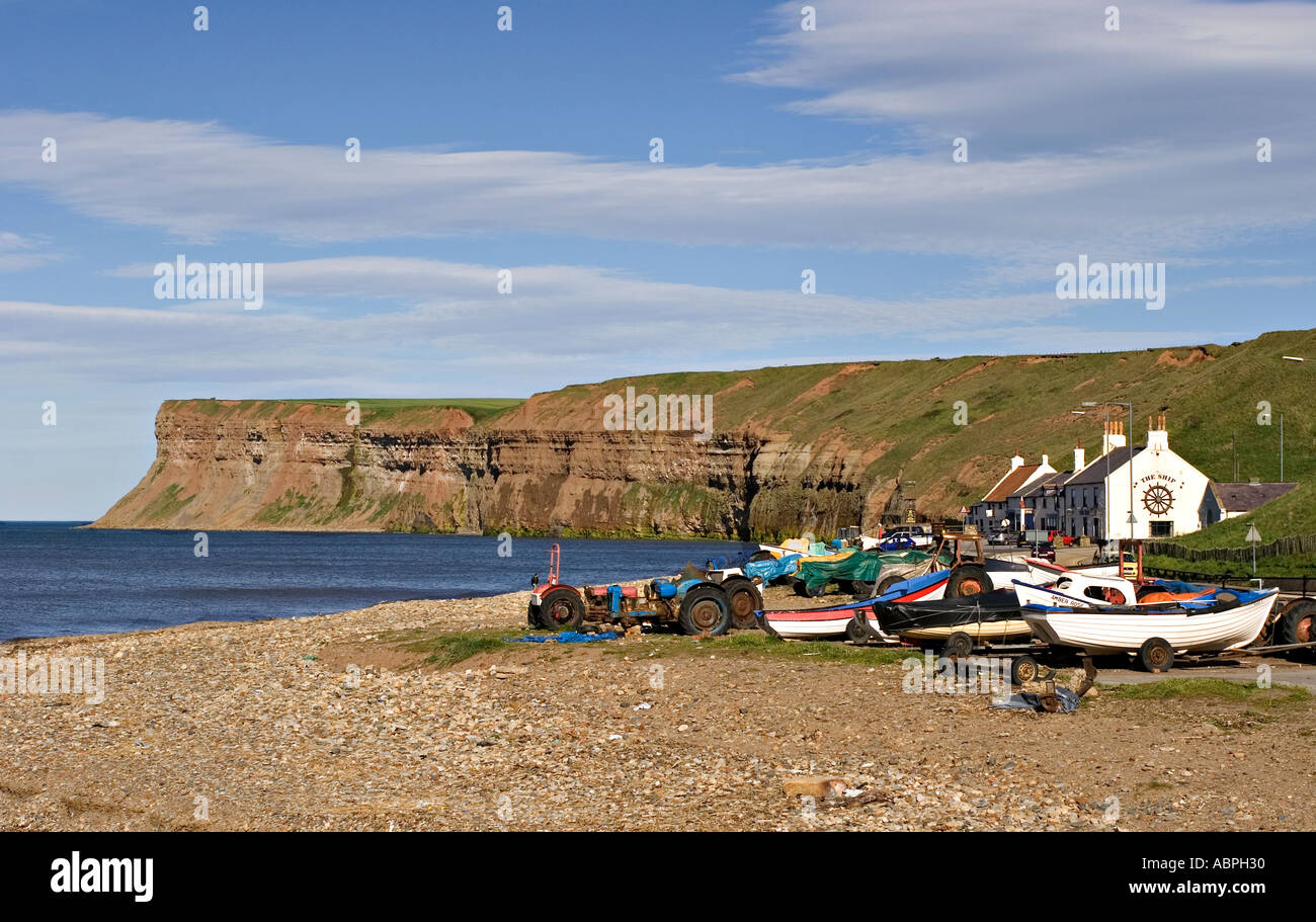 Saltburn Fishing Boats and Ship Inn UK Stock Photo - Alamy