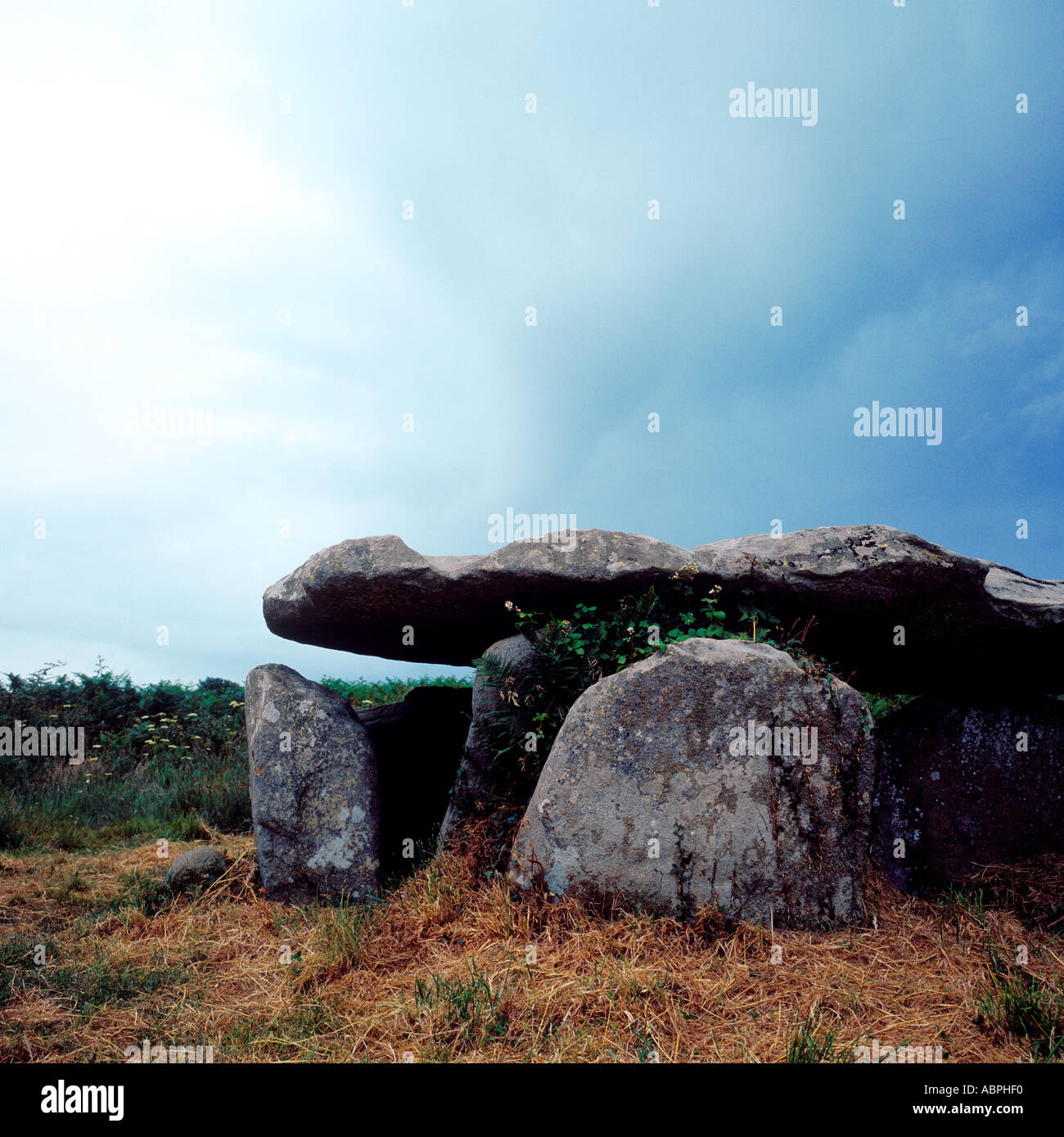The remains of a neolithic tomb a dolmen on Ile Grande Brittany France ...