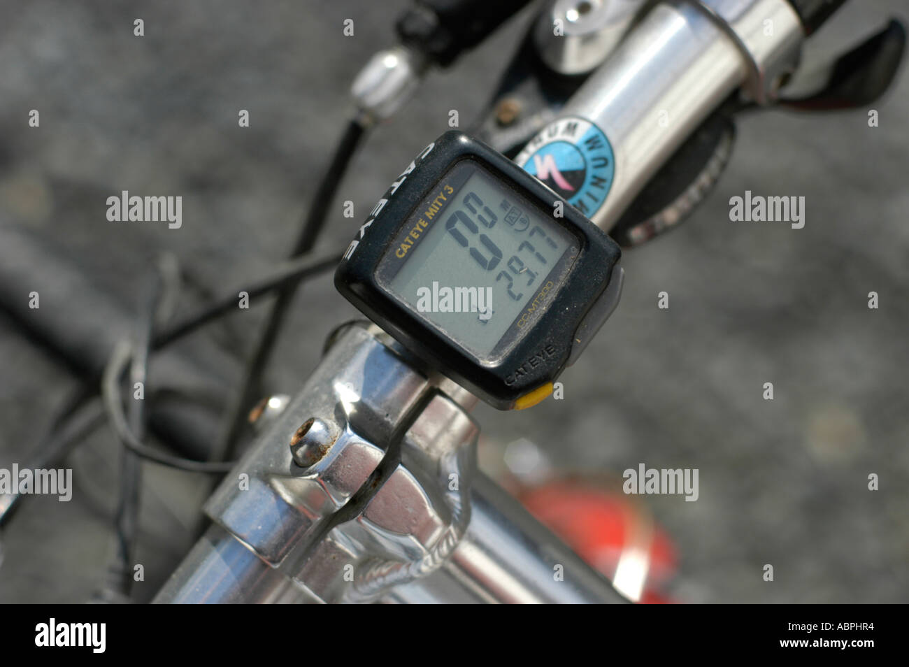 Mountain bike handlebars showing mini trip digital computer LCD display ...