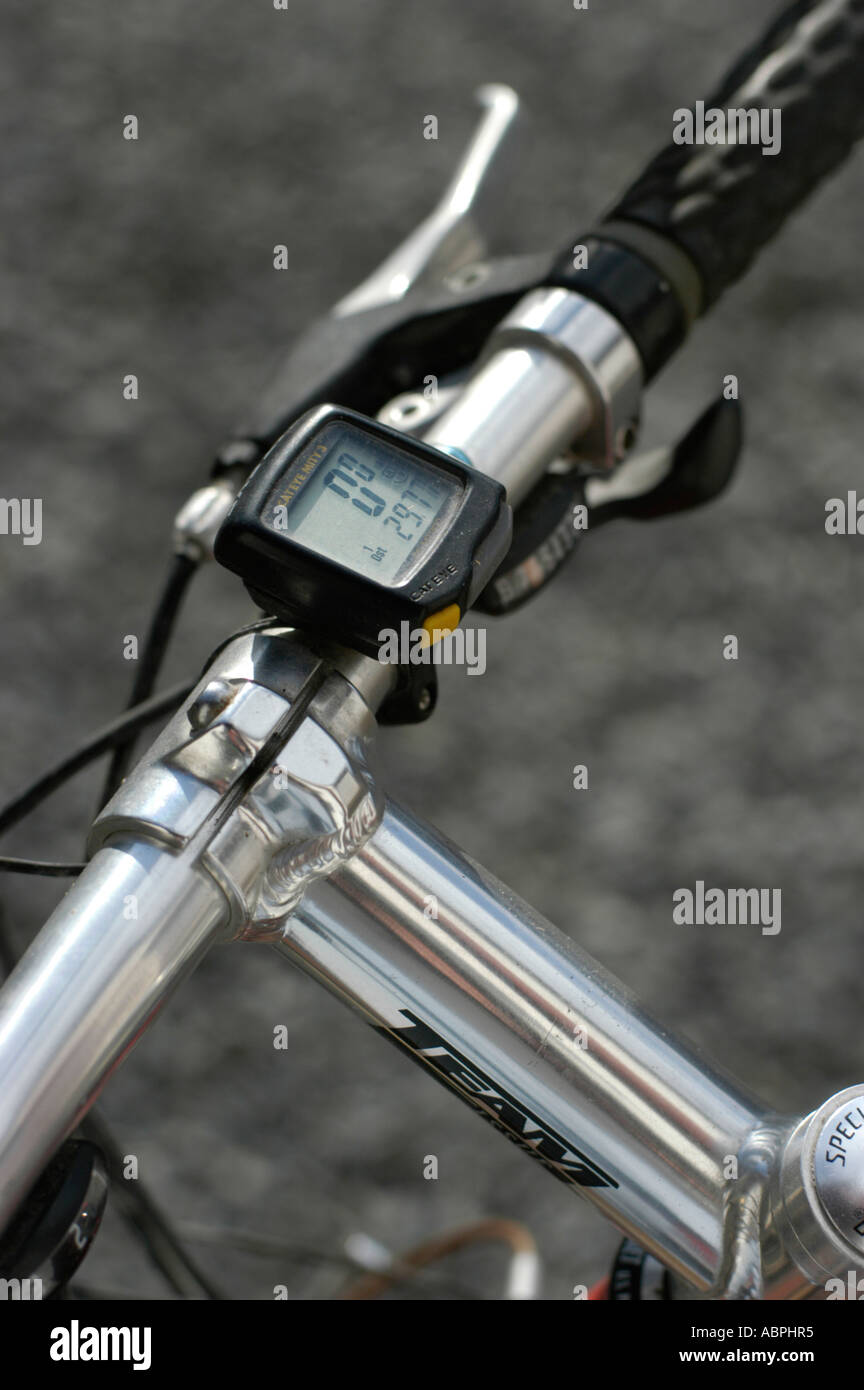 Mountain bike handlebars showing mini trip digital computer LCD display ...