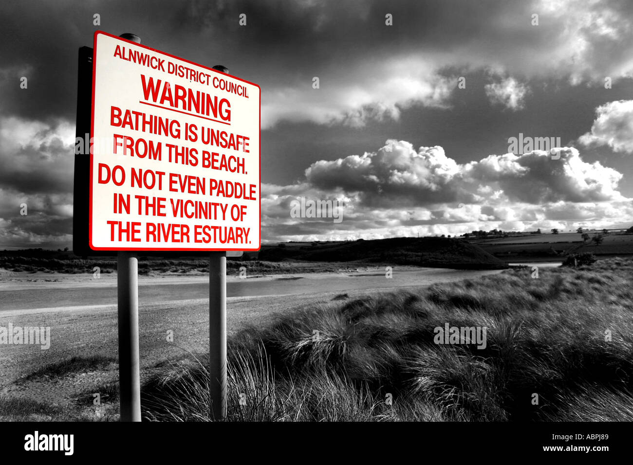 Bathing is unsafe warning sign beside the estuary in Alnmouth ...