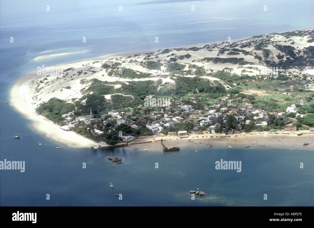 Aerial view of the village of Shela and Shela Beach on Lamu island ...