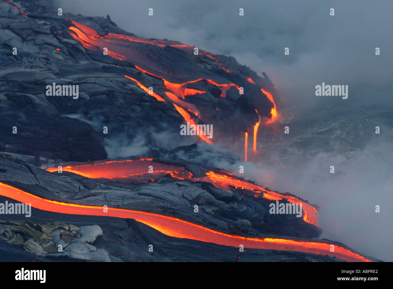 Kamoamoa ocean entry Strong winds blow the steam plume along the oceans surface Hawaii Volcanoes ...
