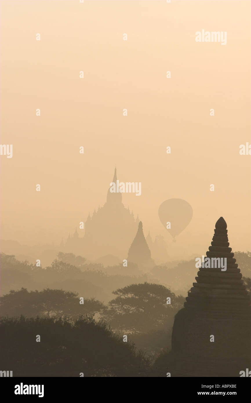 Myanmar Bagan Hot Air balloon flying over the ancient temples of Bagan ...