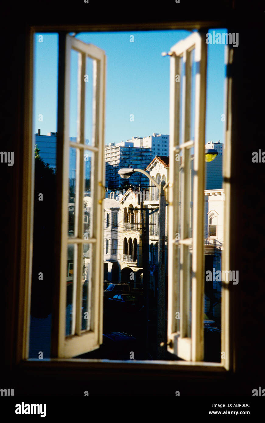 the view from a classic bay window in San Francisco California USA ...
