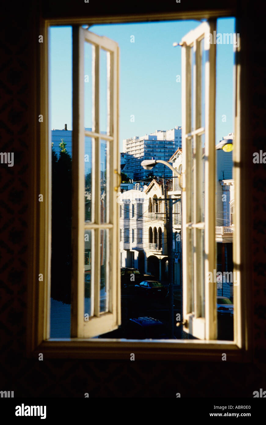 the view from a classic bay window in San Francisco California USA ...