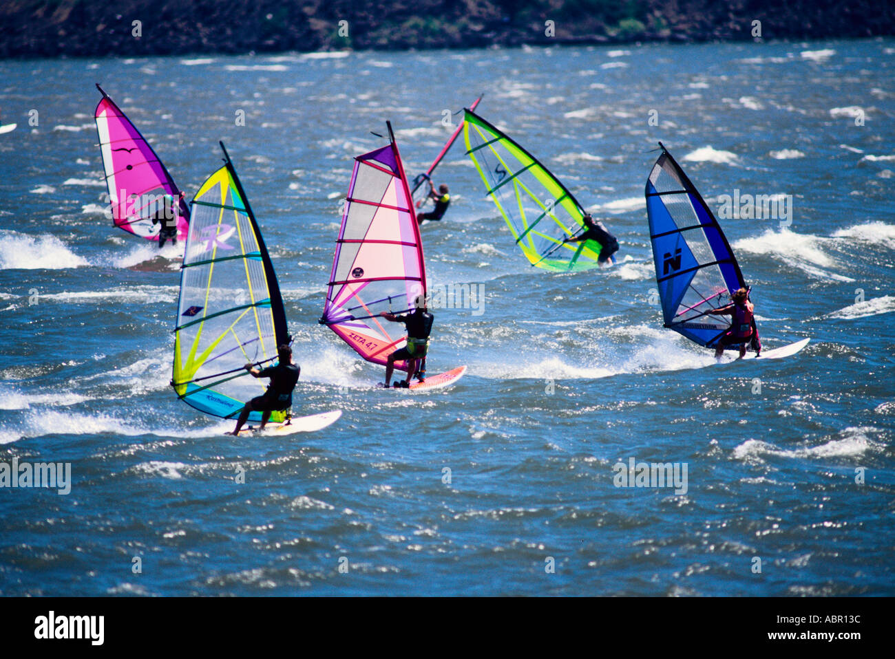 Windsurfing in the Columbia River Gorge between Oregon and Washington ...