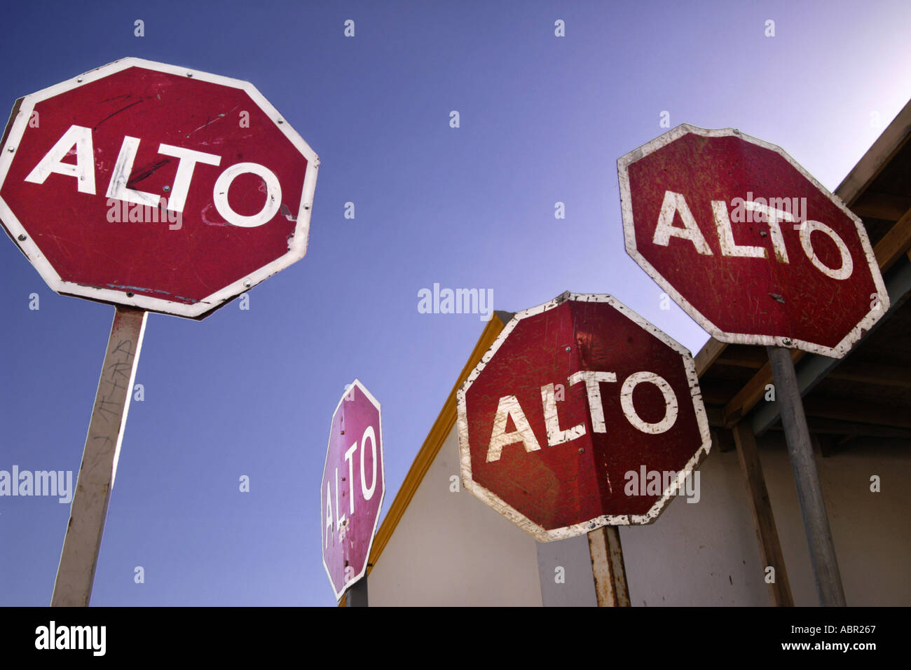 Stop signs stored in Ensenada Baja California Mexico Stock Photo - Alamy