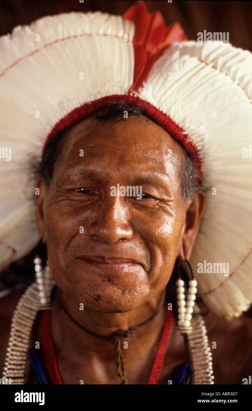 A-ukre village, Brazil. Xingu, Para state, Cacique Mote Kayapo, a ...