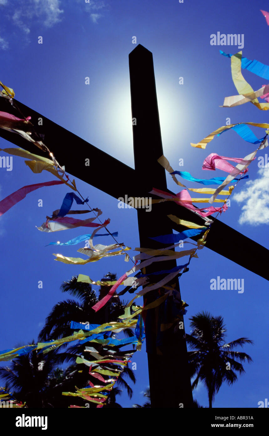 Itaparica Island, Bahia State, Brazil; cross decorated for Candomble ...