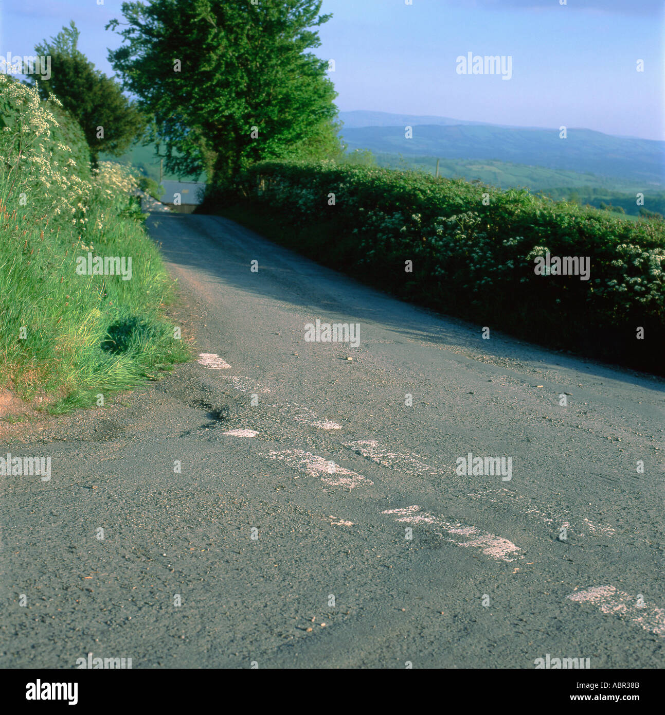 A countryside road T junction with broken white lines road markings in ...