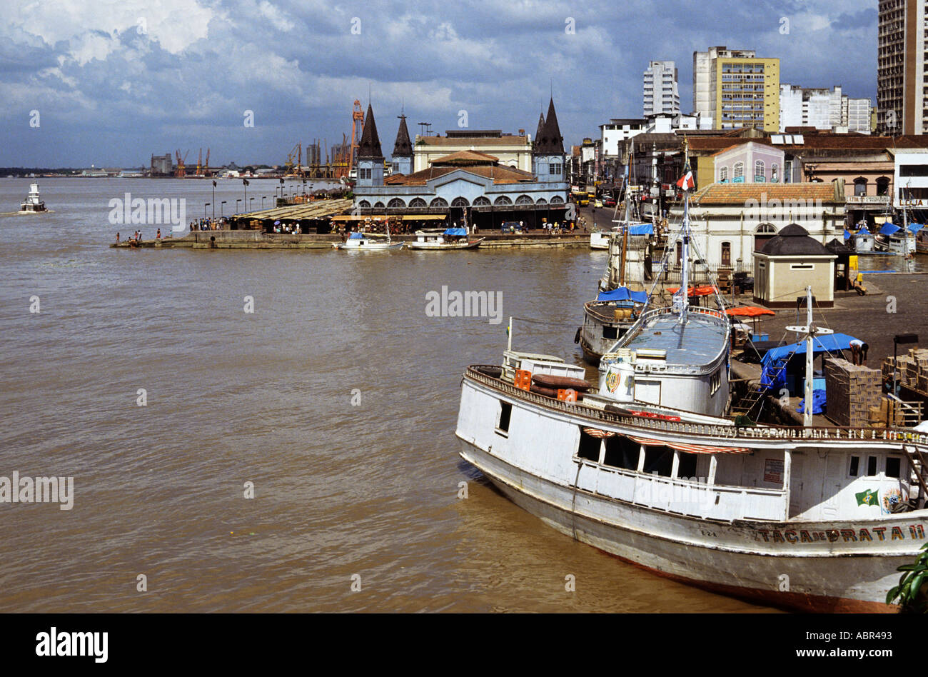 Belem, Para State, Brazil; riverboats at the dock with the Ver-O-Peso ...