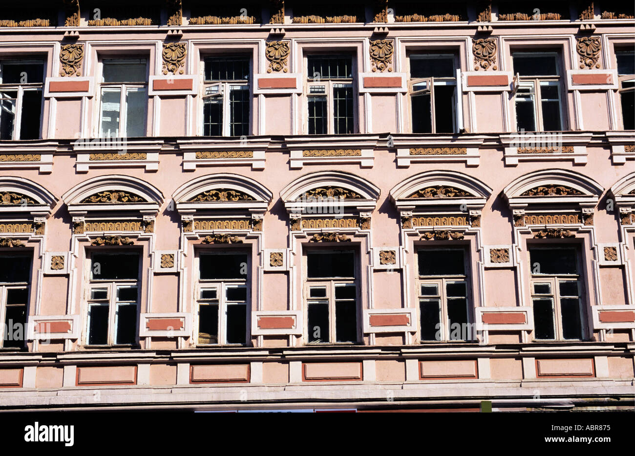 Detail of a highly decorative colour washed facade facing onto the now ...