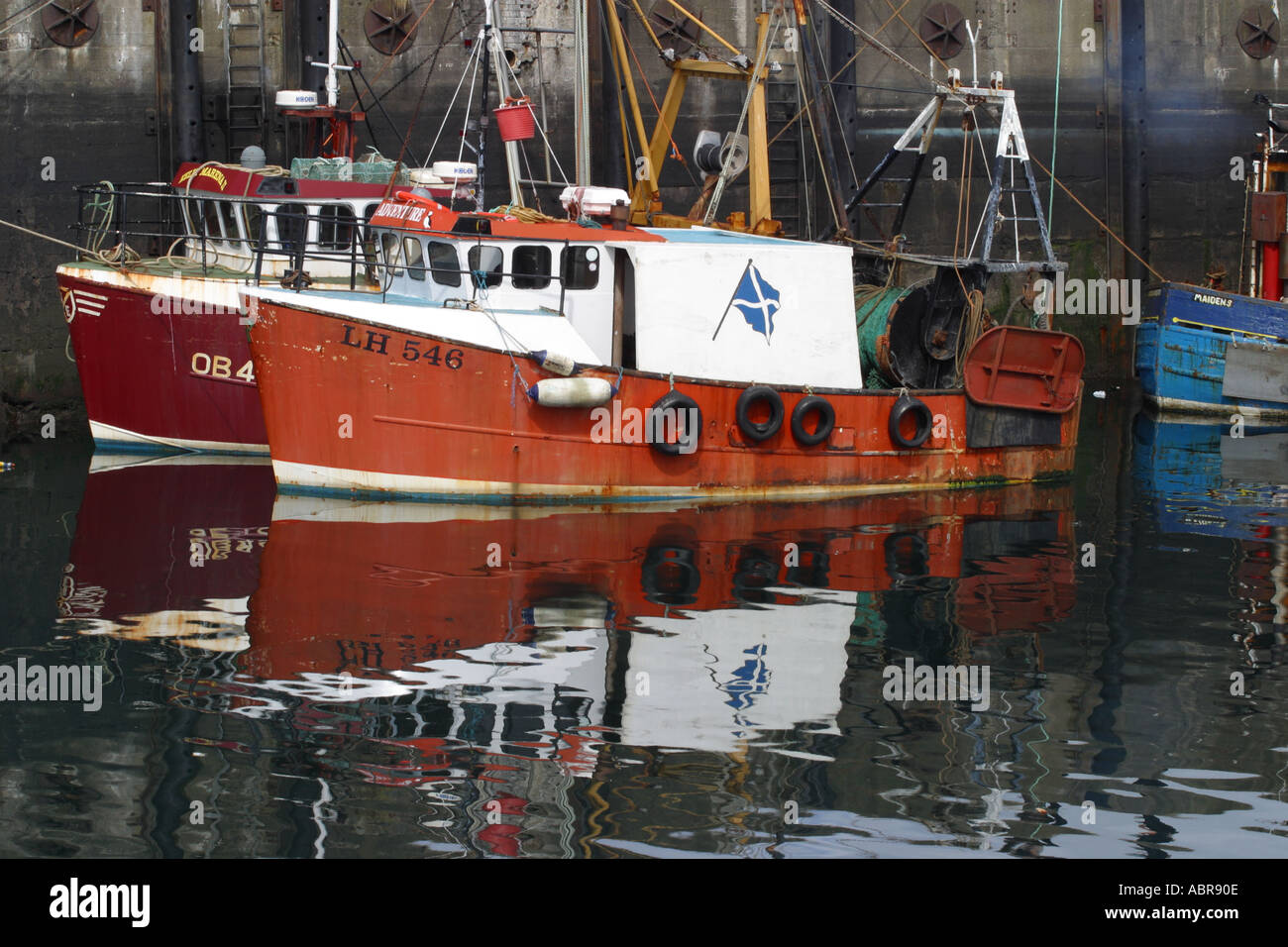 Mallaig Scotland harbour stern trawler fishing boat moored at harbour ...