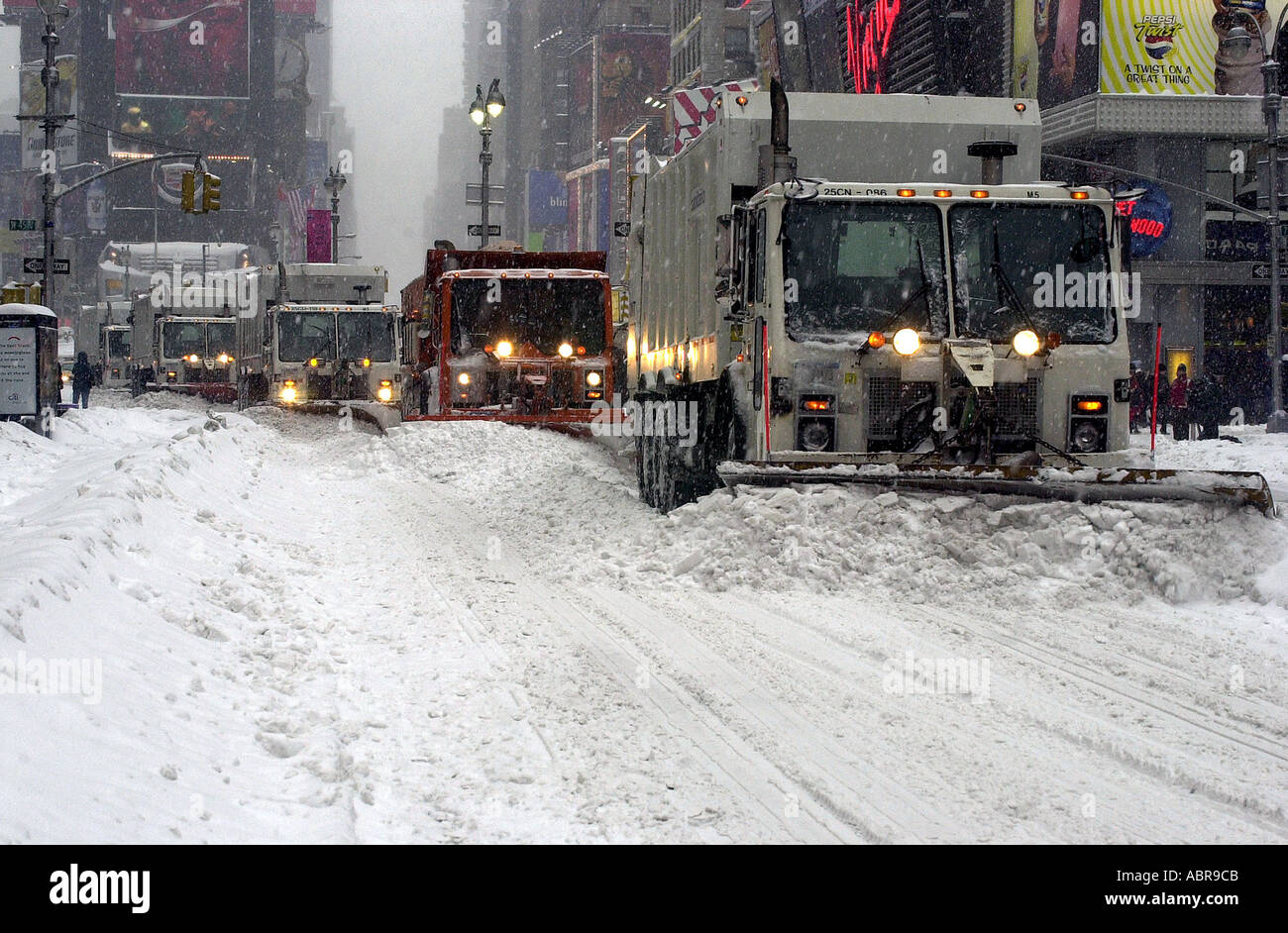Snowplows plow snow during the Blizzard of 2003 in Times Square on ...