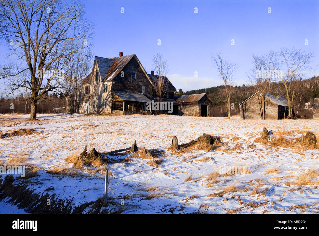 Old abandoned clapboard farm house with out buildings in a field with ...