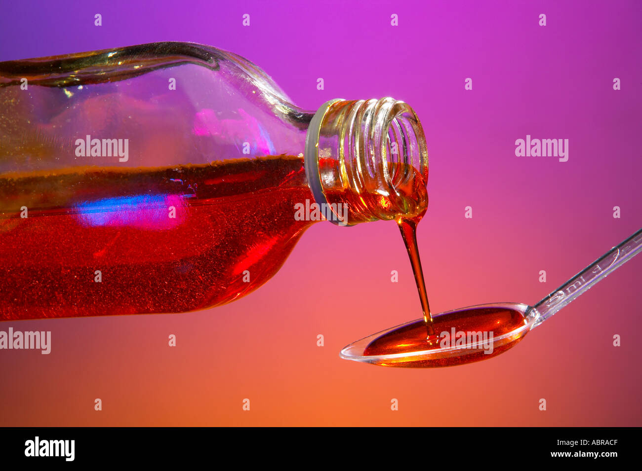 MEDICINE POURING FROM BOTTLE INTO PLASTIC SPOON Stock Photo - Alamy