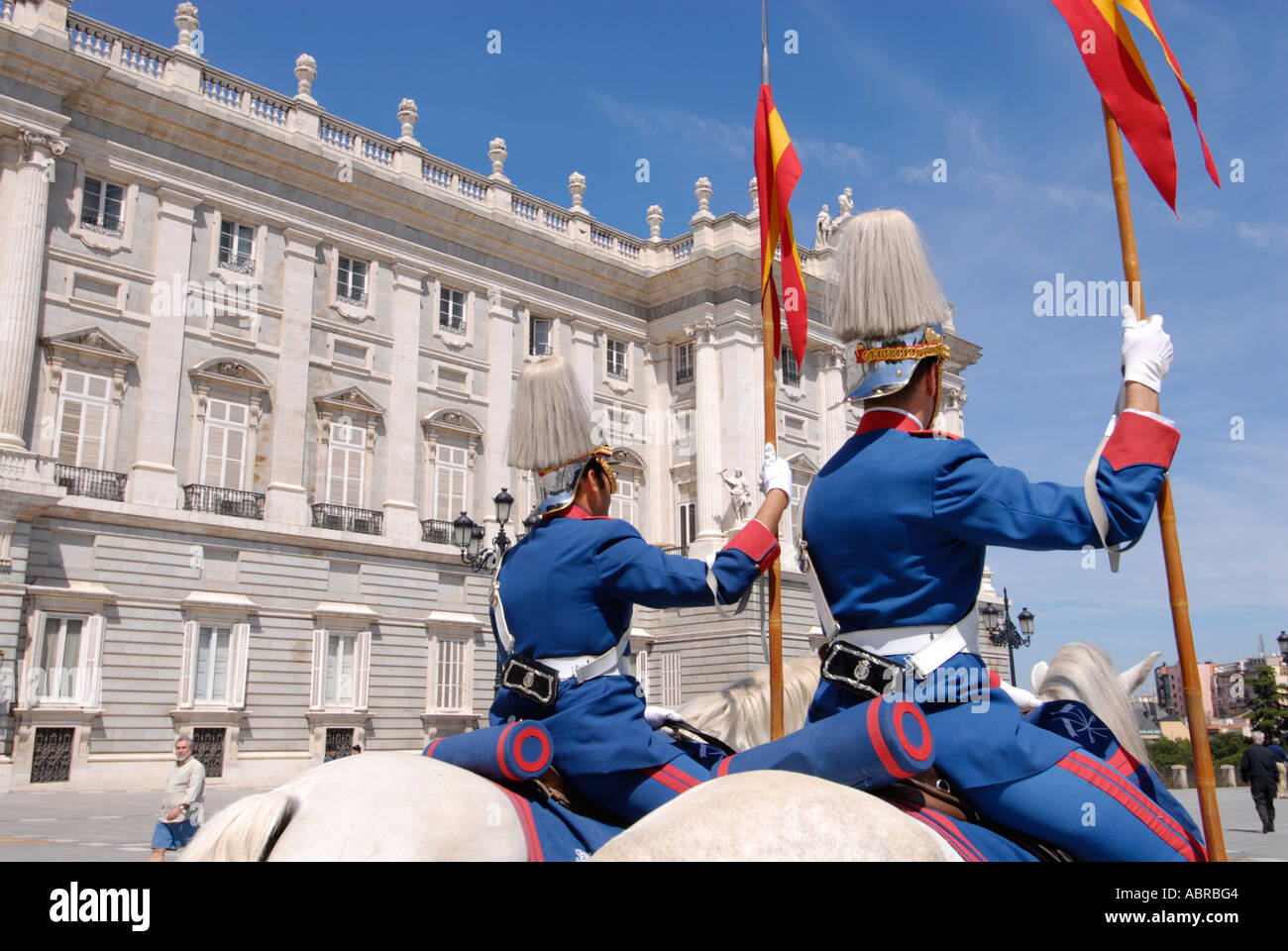 Royal Palace Palacio Real in Madrid Spain with royal guard and horse ...
