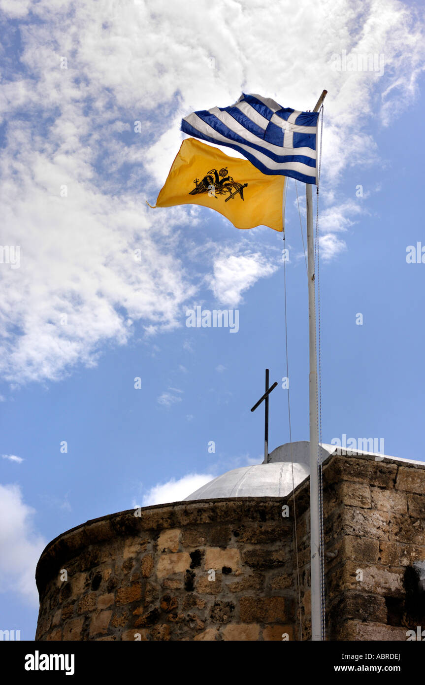 Greek blue flag and a Greek orthodox church flag Stock Photo - Alamy
