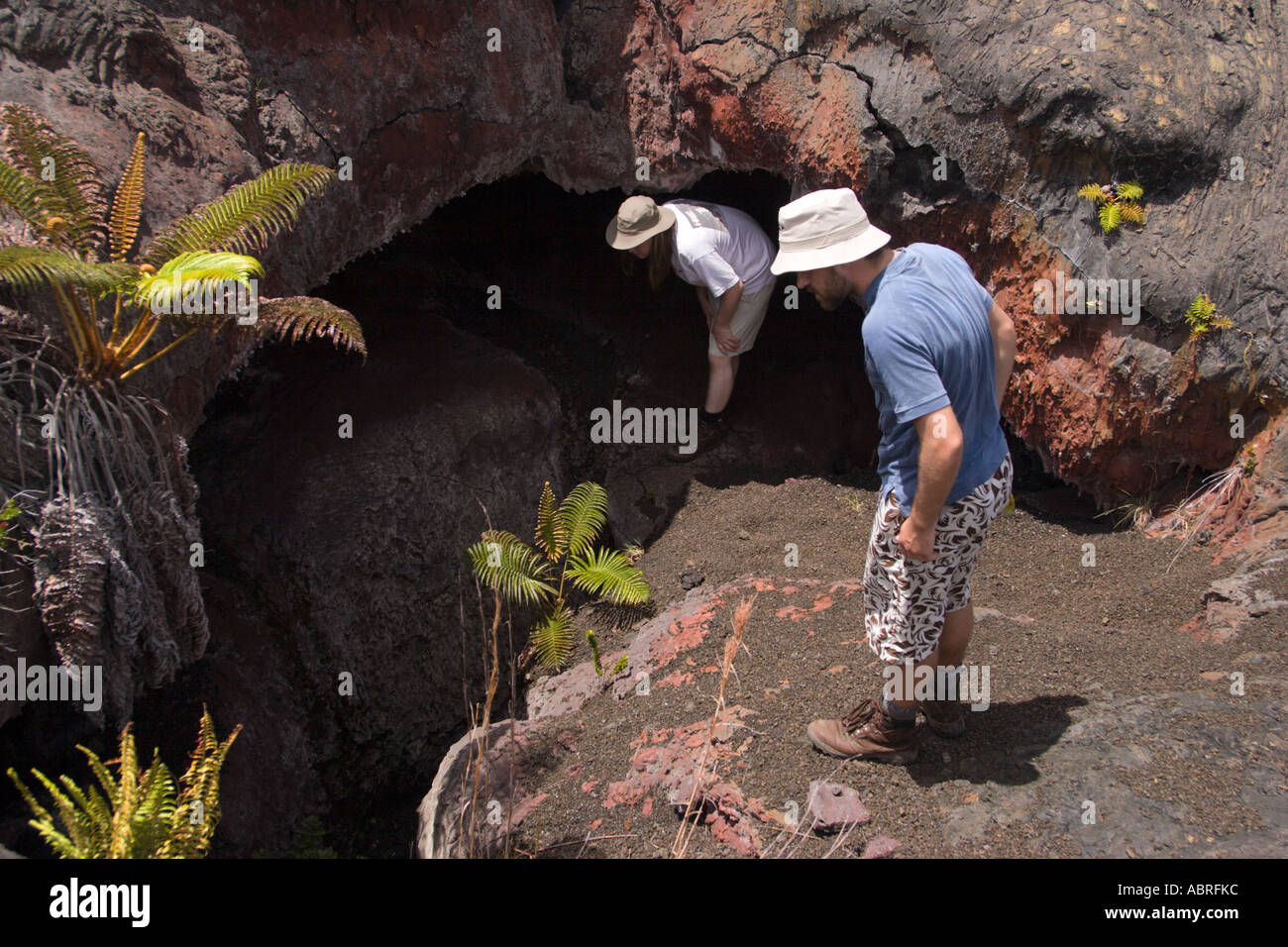 Volcanologists at work, inspecting a volcanic vent, East Rift Zone ...