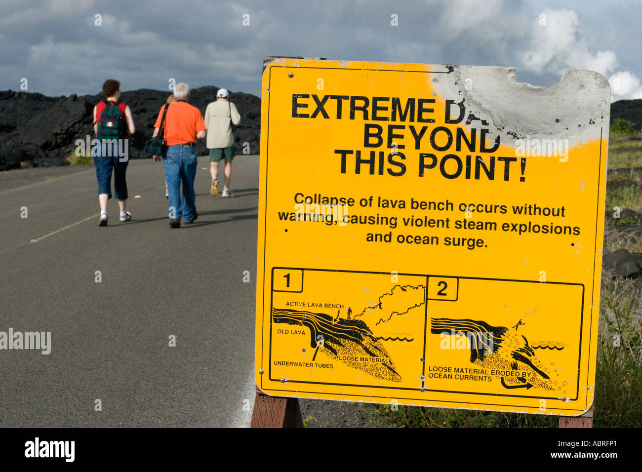 Warning sign, as tourists walk out onto pahoehoe lava, to view the ...