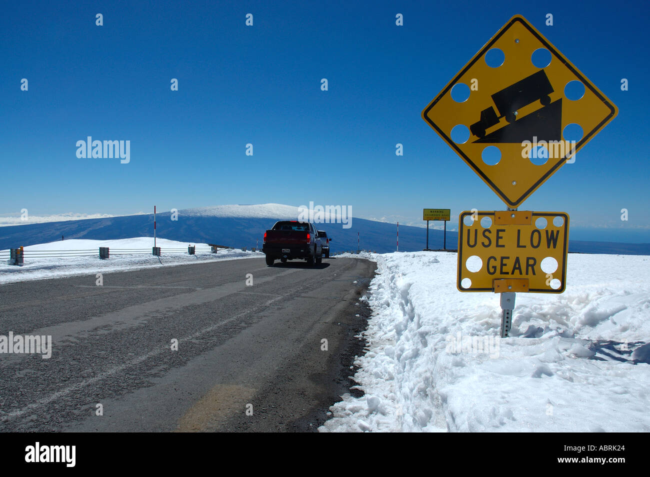 Access road and warning signs Mauna Loa in the distance Mauna Kea The ...