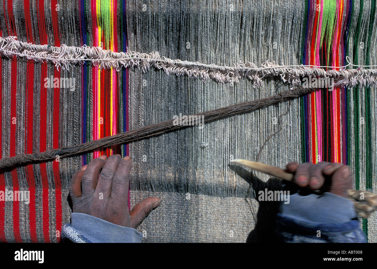 Peruvian weaver at her loom in the Colca Valley Close up of weaving En ...