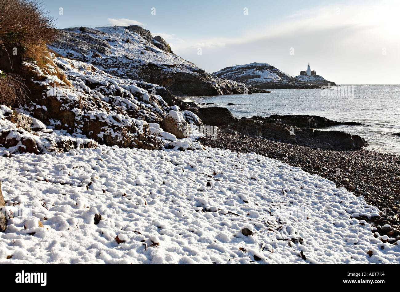 Snow in Winter Mumbles Lighthouse Mumbles Gower Peninsula South Wales ...