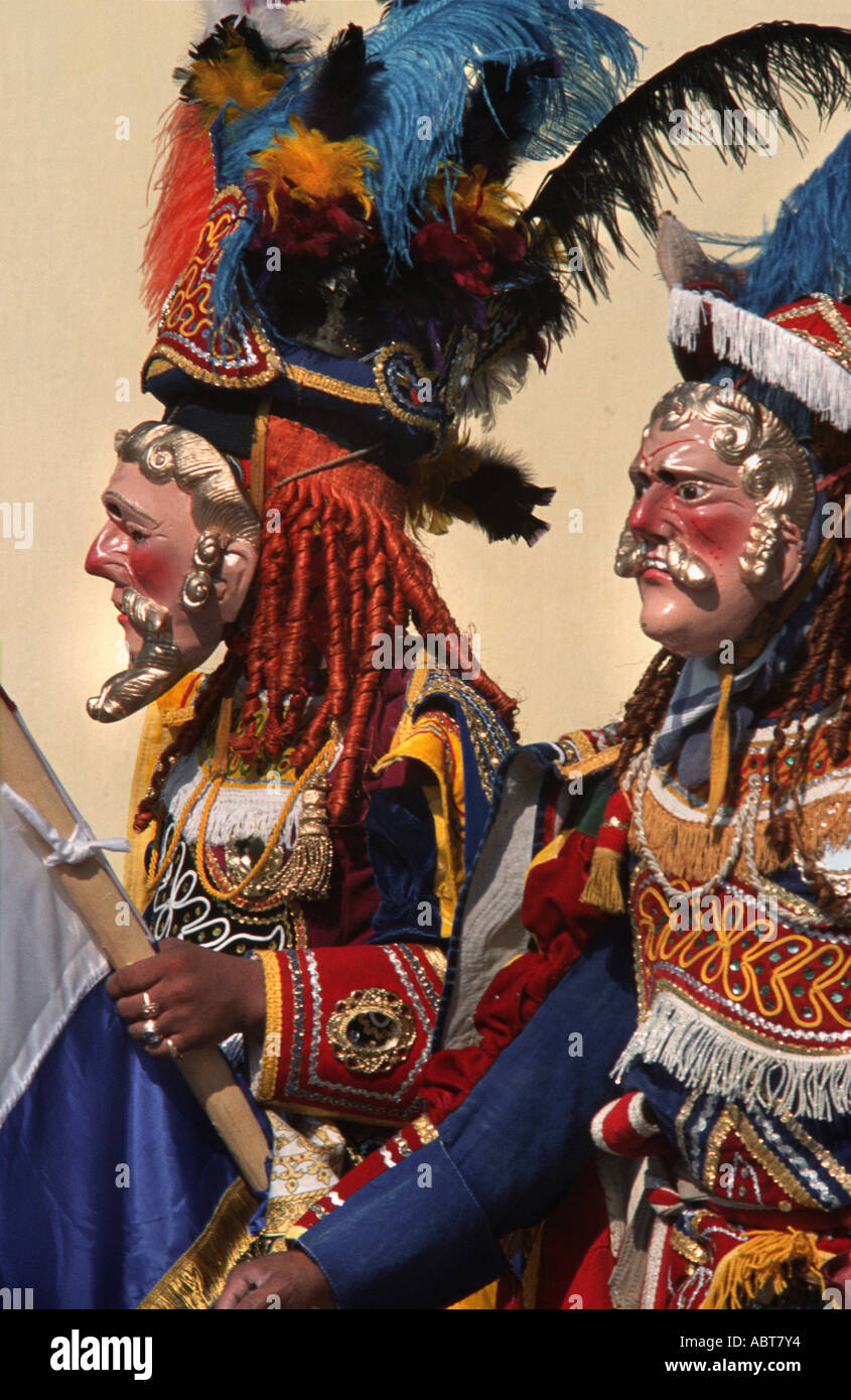 Guatemala Guatemalan fiesta Masked dancers in traditional dance costume ...