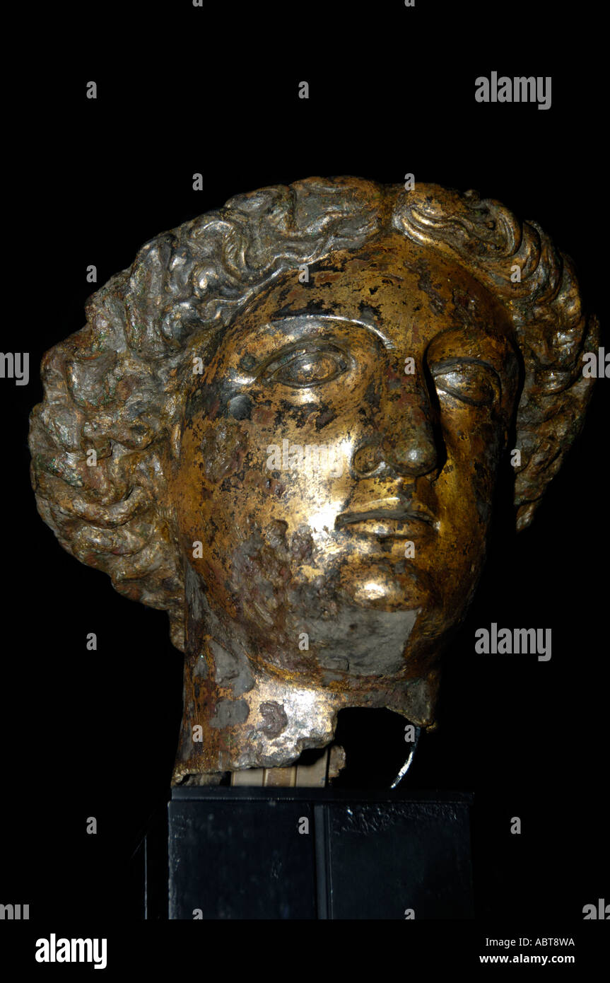Gilt bronze head of goddess Sulis Minerva Bath Somerset England Stock ...