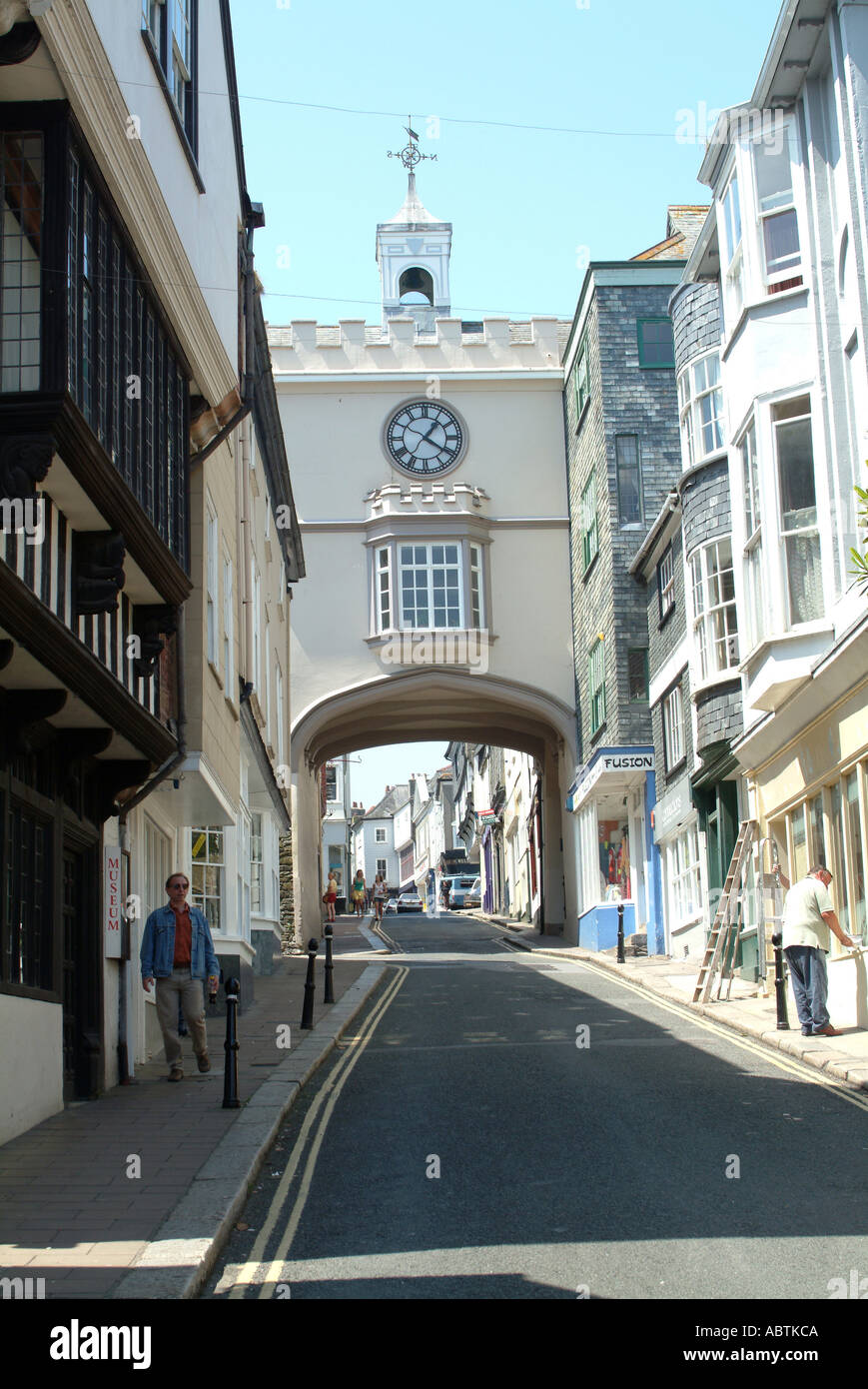 East Gate Arch and Fore Street in Totnes Devon England United Kingdom ...