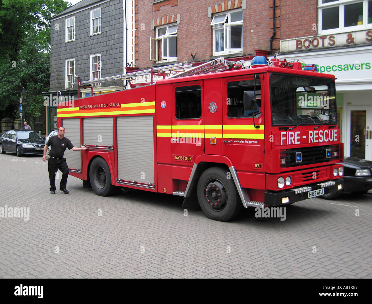 Fire Engine on Call Outside Shop in Tavistock Devon england United ...