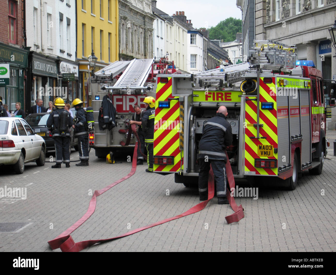 Fire Engines on Call Outside Shop in Tavistock Devon England United ...