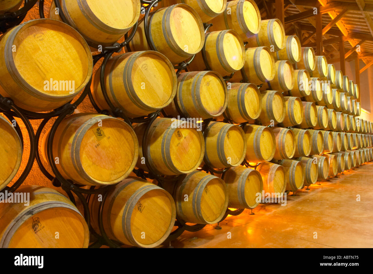 The barrel ageing cellar. The oak barriques are stacked in a steel ...