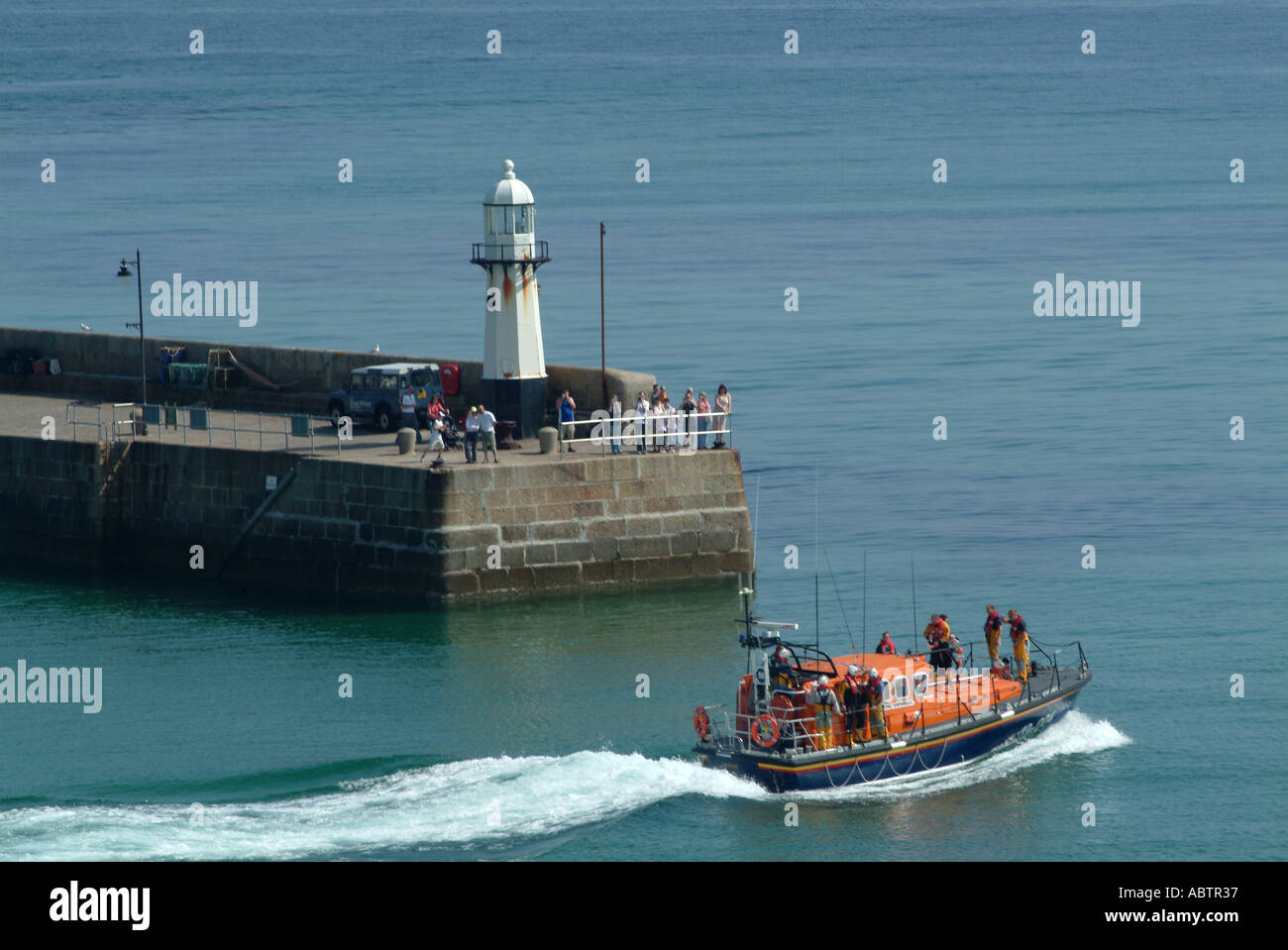 Mersey Class Lifeboat Leaving St Ives Harbour on Clear Sunny Day ...