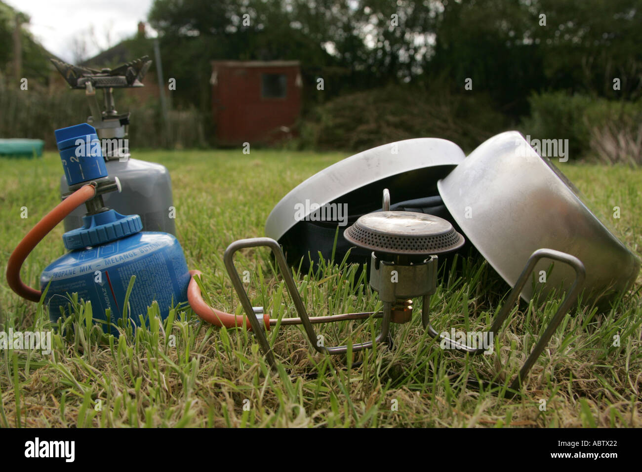 Camping Cooker Gas Stove on grass Stock Photo - Alamy