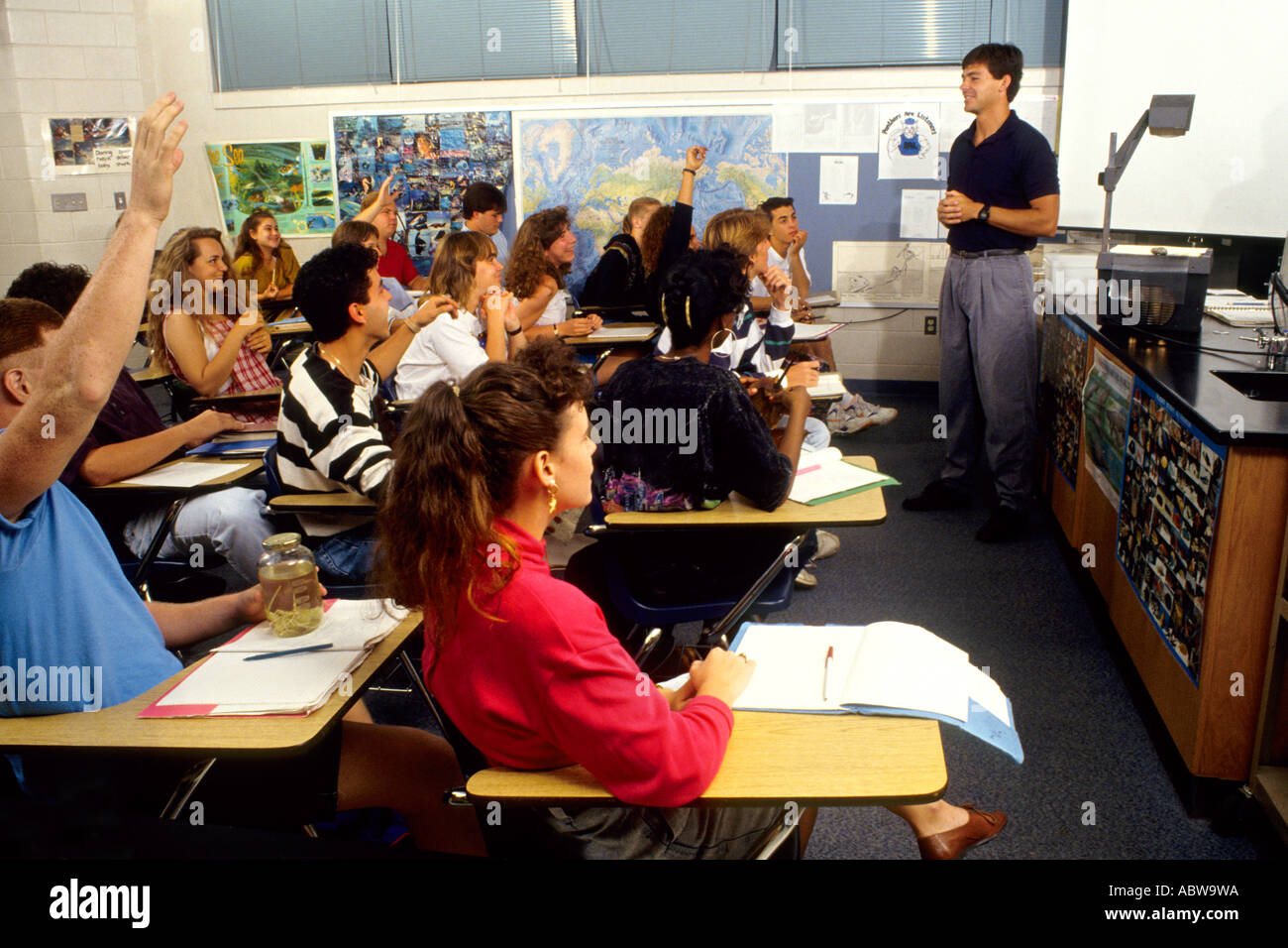 Students in 11th grade biology lecture in clasroom in school with ...