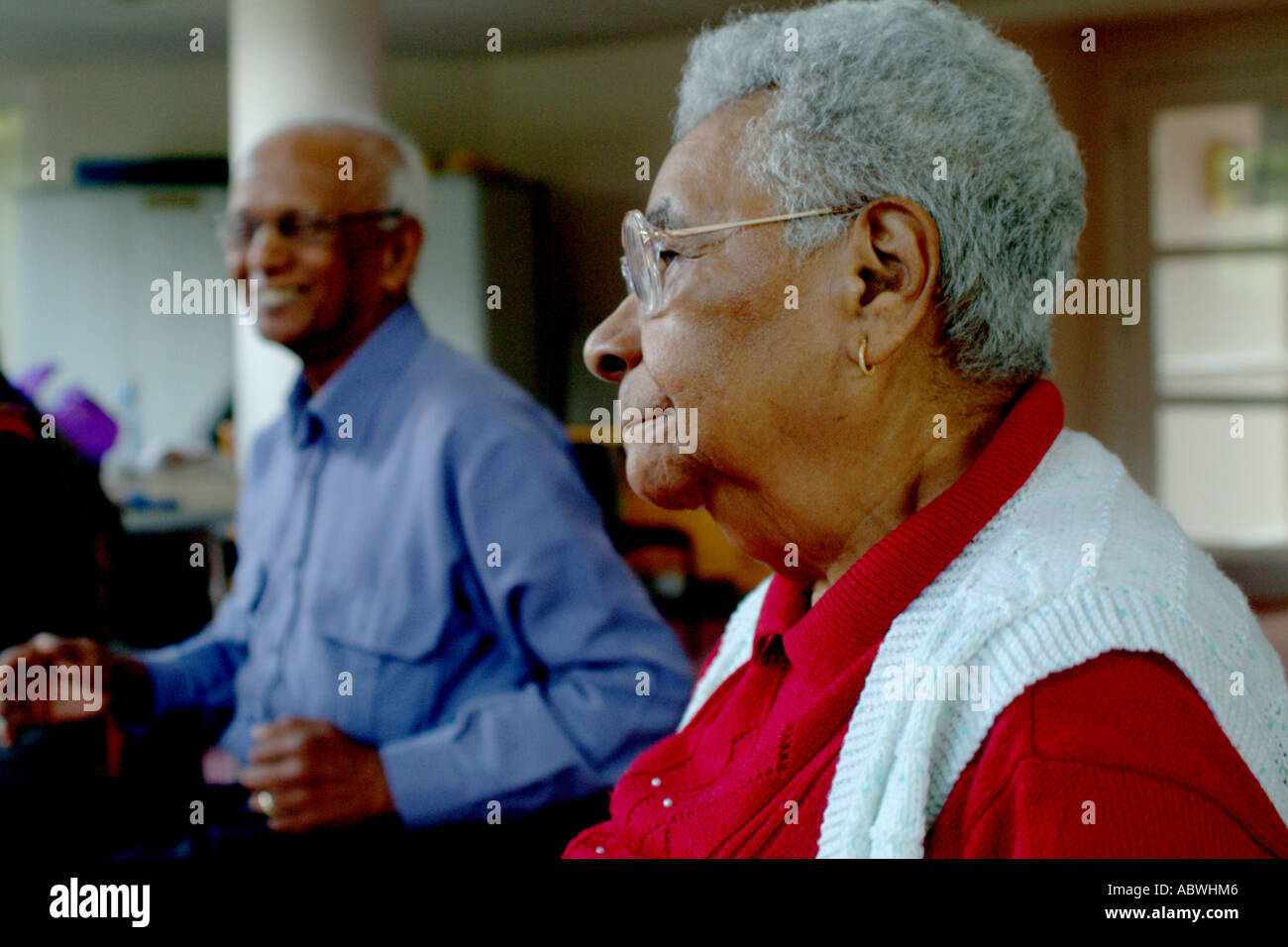 Elderly people at a music and movement class in a UK care home Stock ...