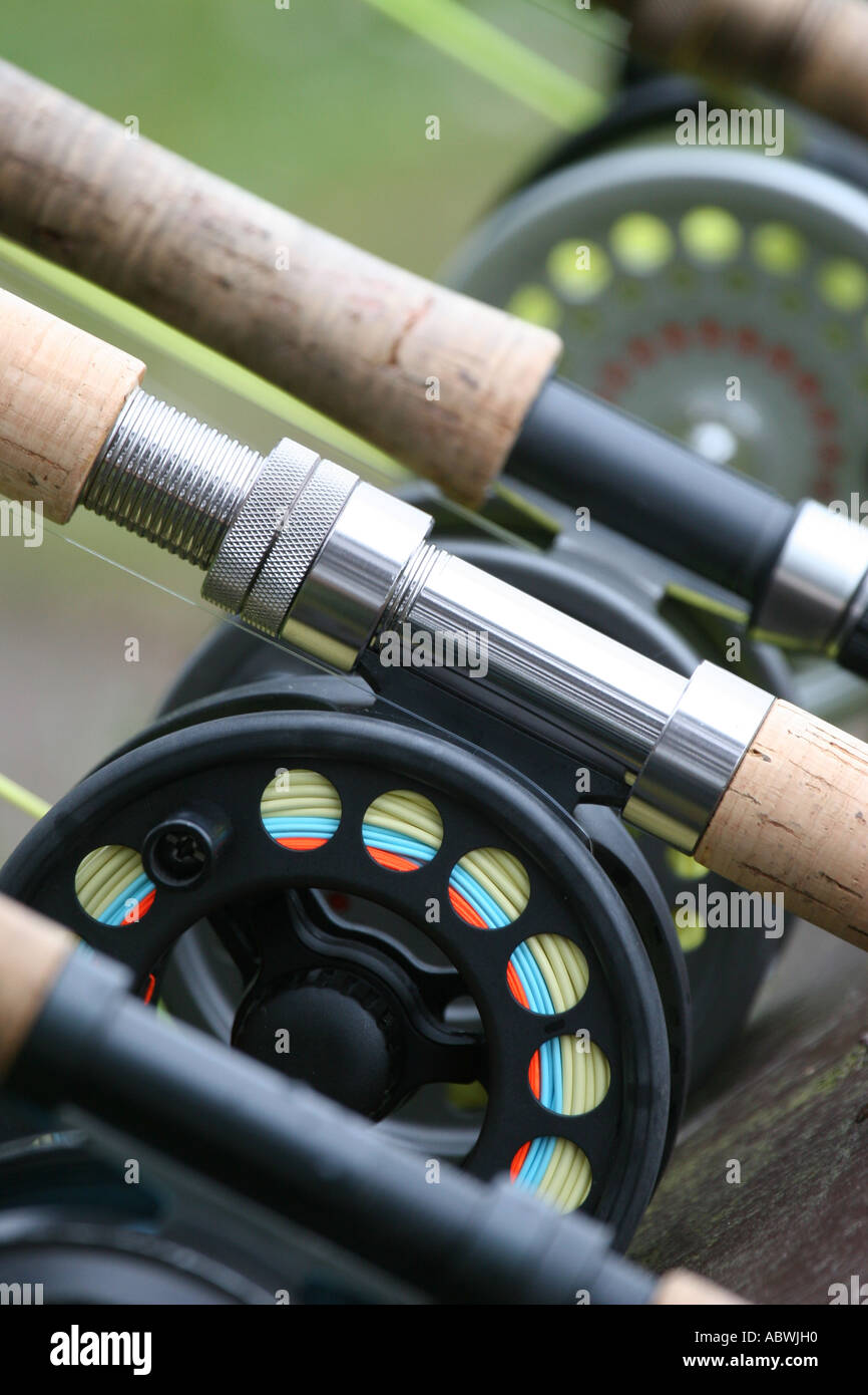 "Salmon rods and reels in a rod stand Stock Photo - Alamy