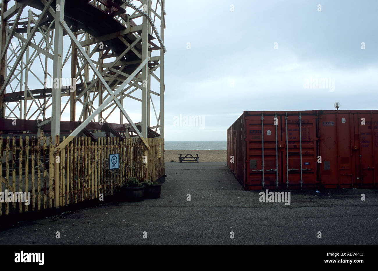 Beachfront with roller coaster and containers. Folkestone, Kent ...