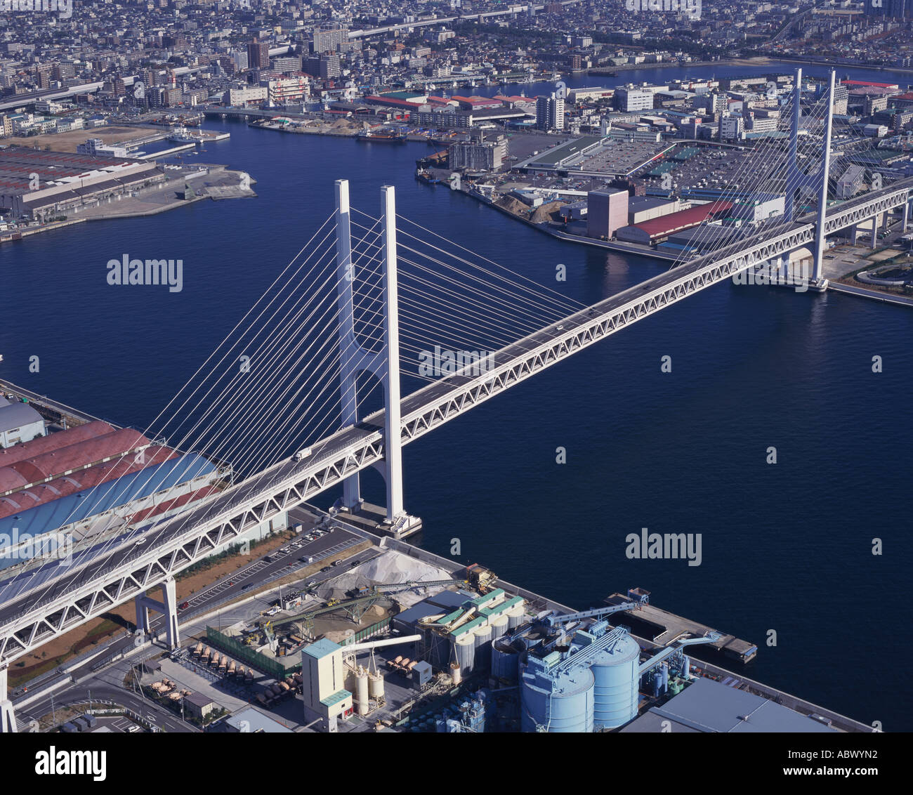 Aerial view of a spectacular architectural bridge over the river Stock ...