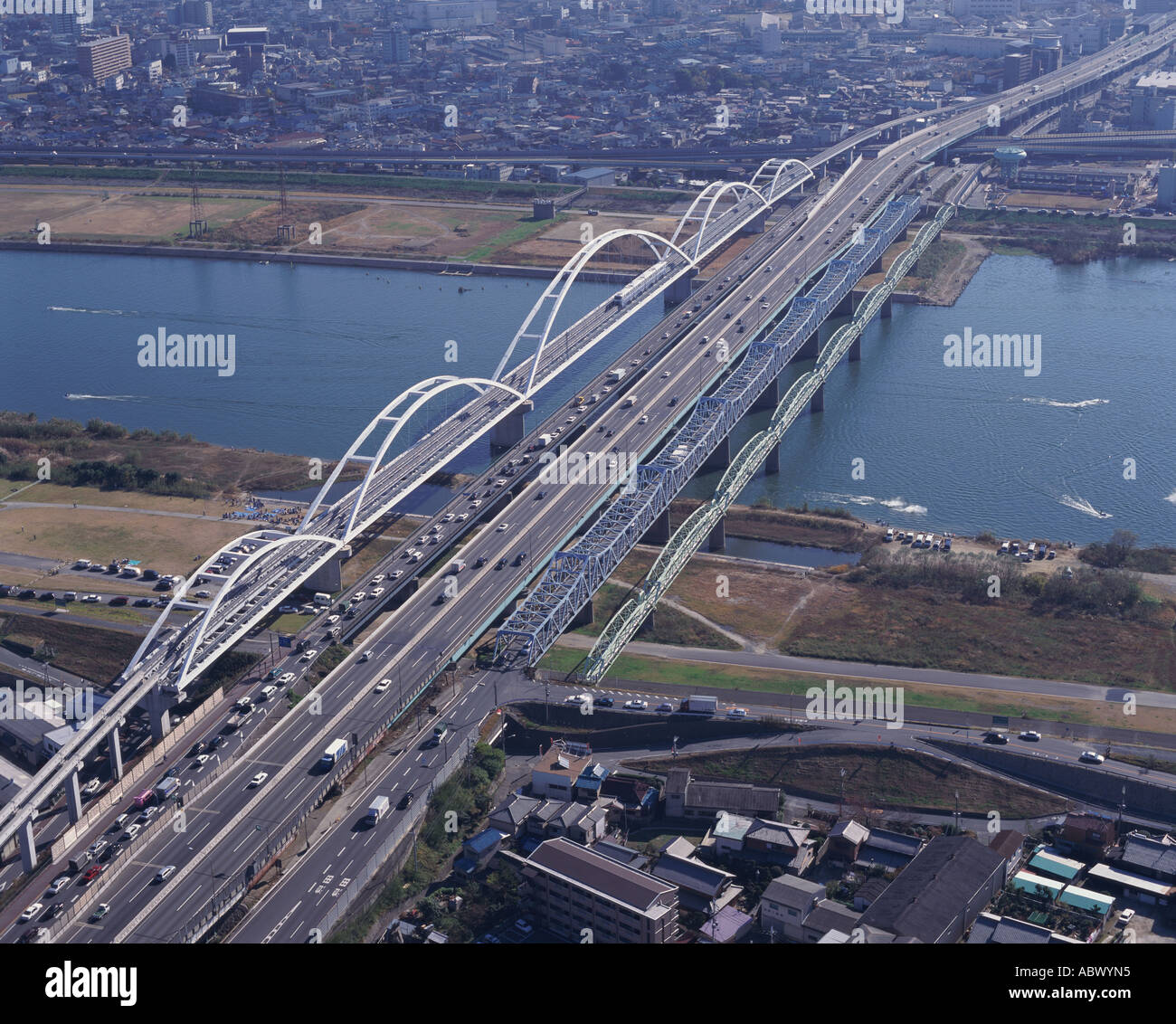 Aerial view of a spectacular architectural bridge over the river Stock ...