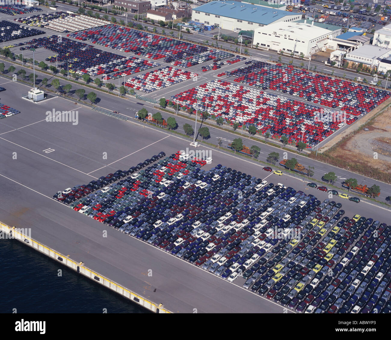 Aerial view of large group of new cars gathered at port Stock Photo - Alamy