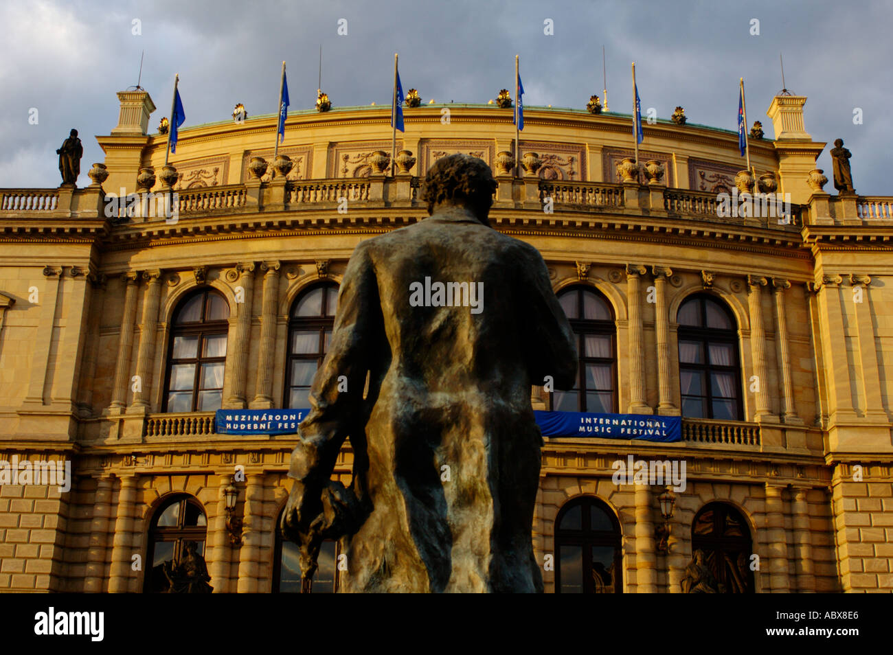 Czech Republic, Prague, Rudolfinum concert hall and statue of Antonin ...