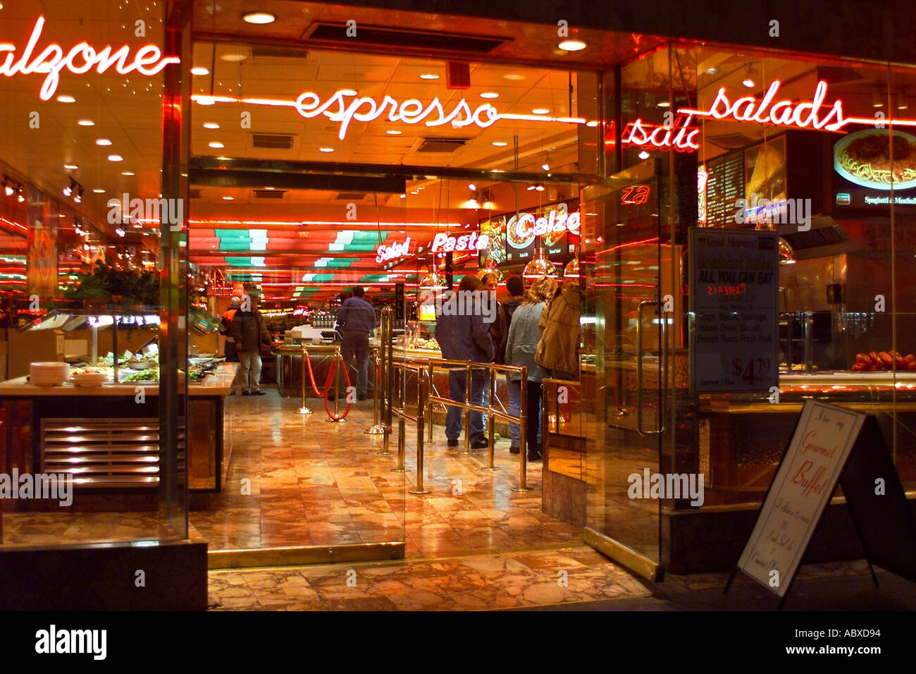 New York NYC Gourmet breakfast buffet with neon lights and marble floor ...