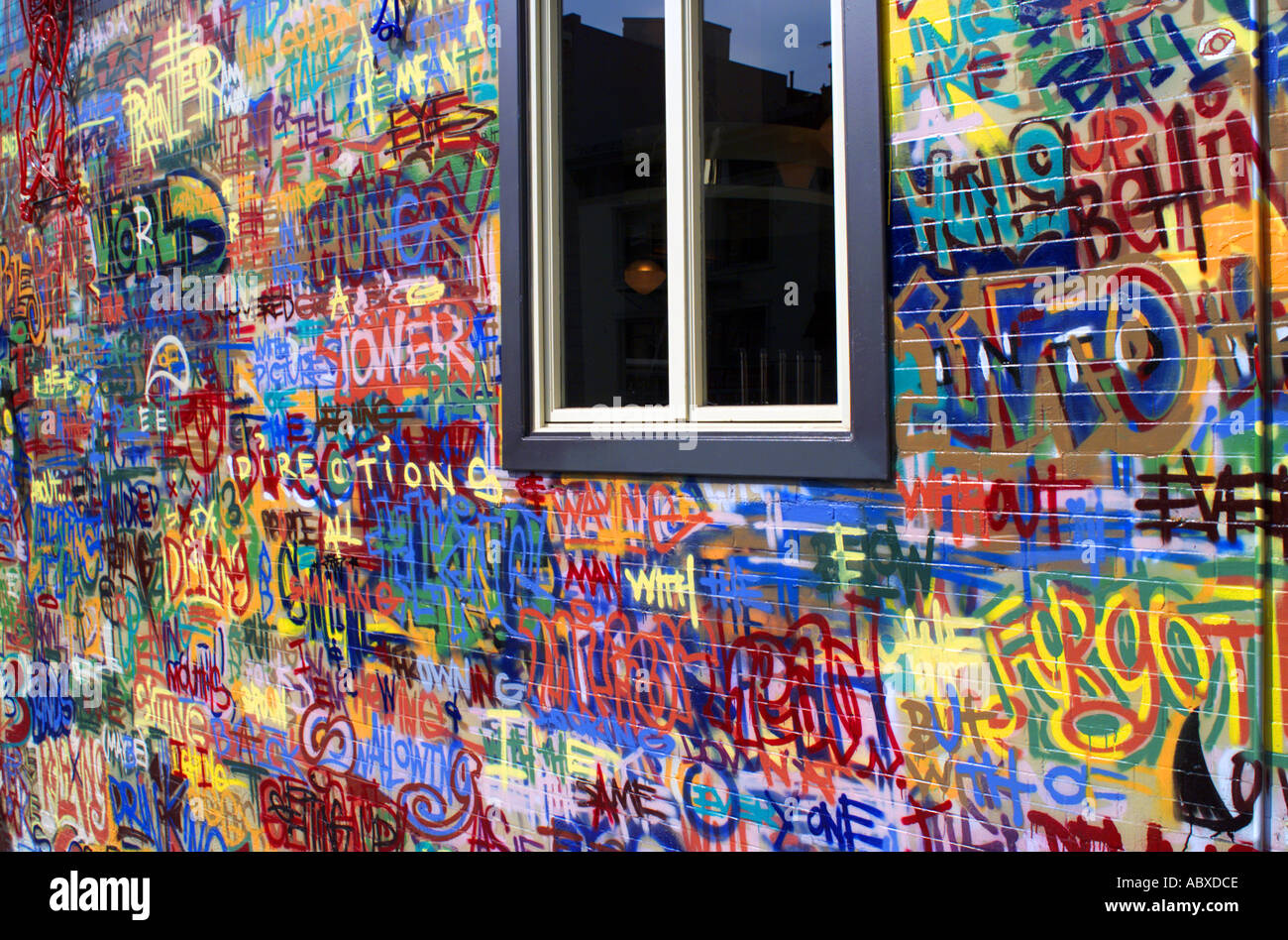 San Francisco California brick wall completely covered in graffiti with ...