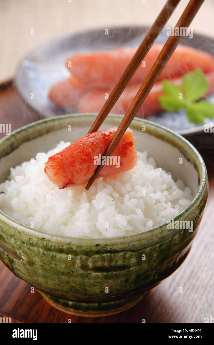 Spicy cod roe on top of steamed rice Stock Photo - Alamy